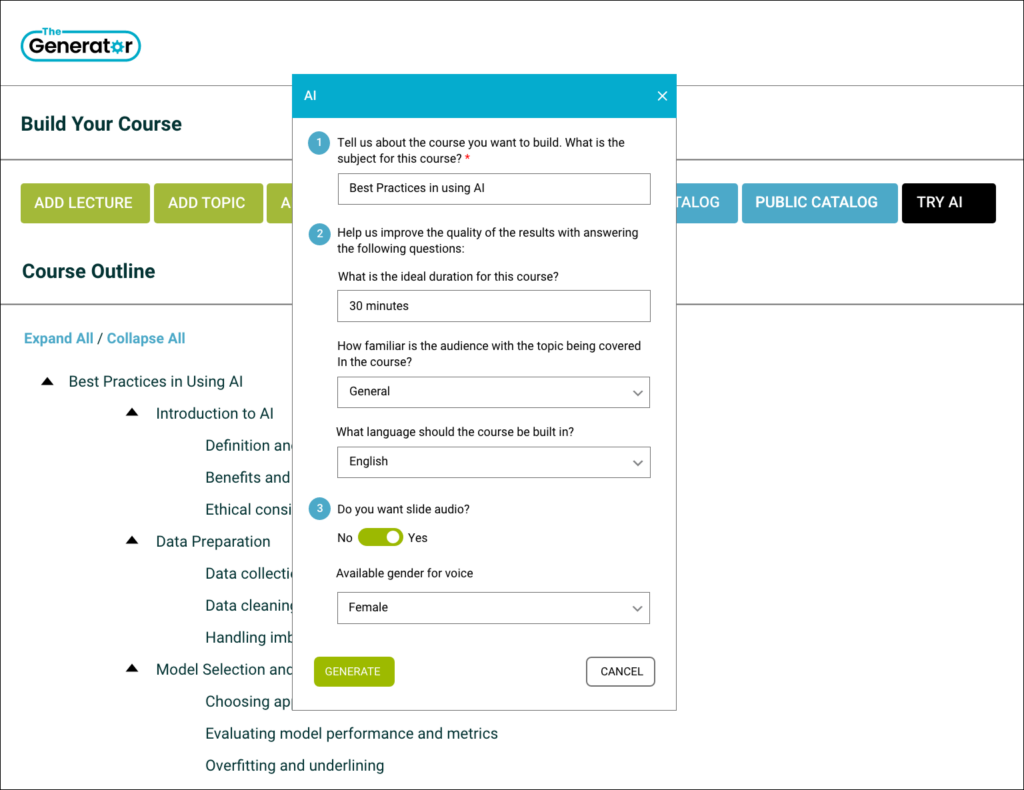 AI-Powered Course Creation feature in the The Generator